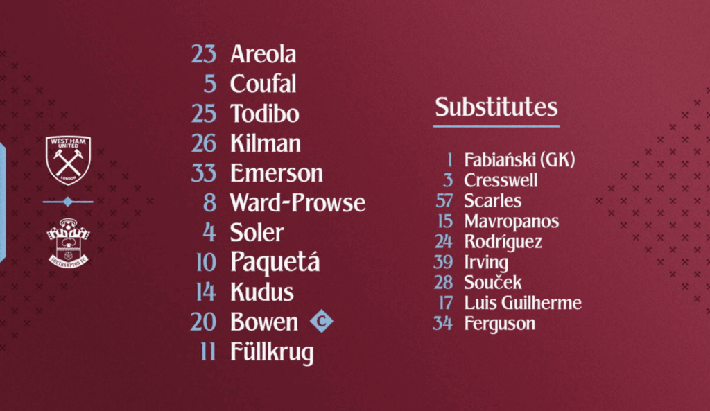 West Ham v Southampton | Line up announced-three changes - West Ham News