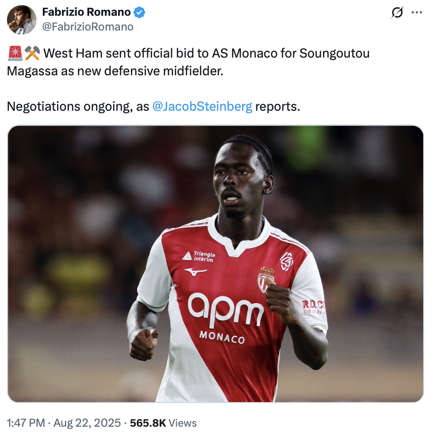 Fabrizio Romano - West Ham’s formal offer for Monaco defensive ...