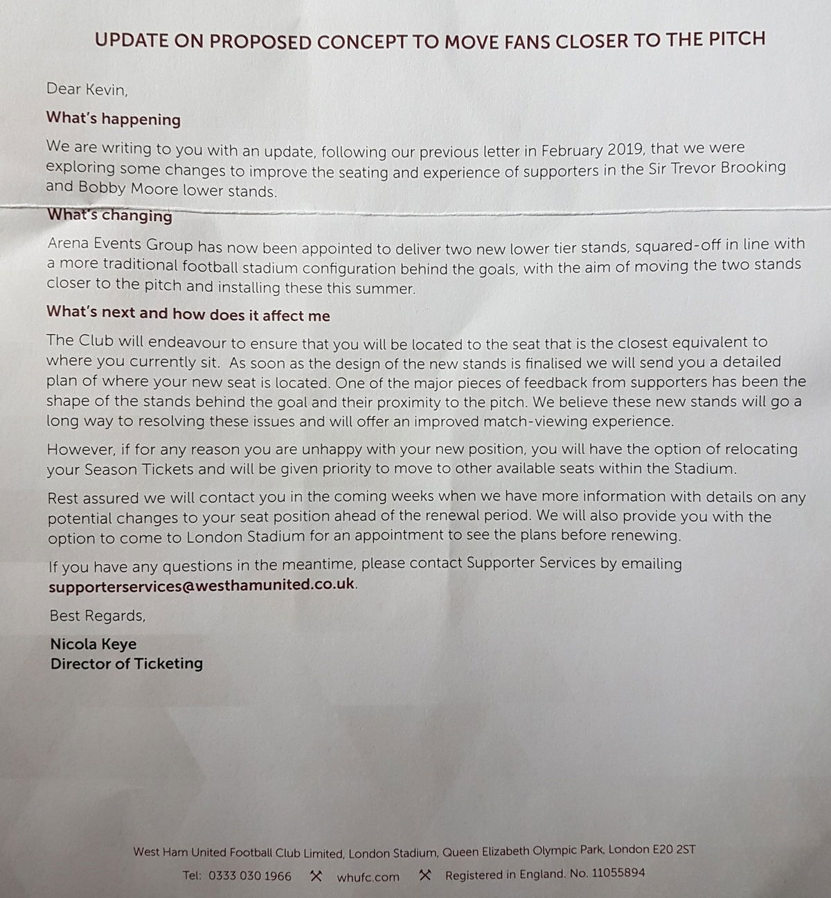 Season ticket holders receive seat move letter - West Ham News